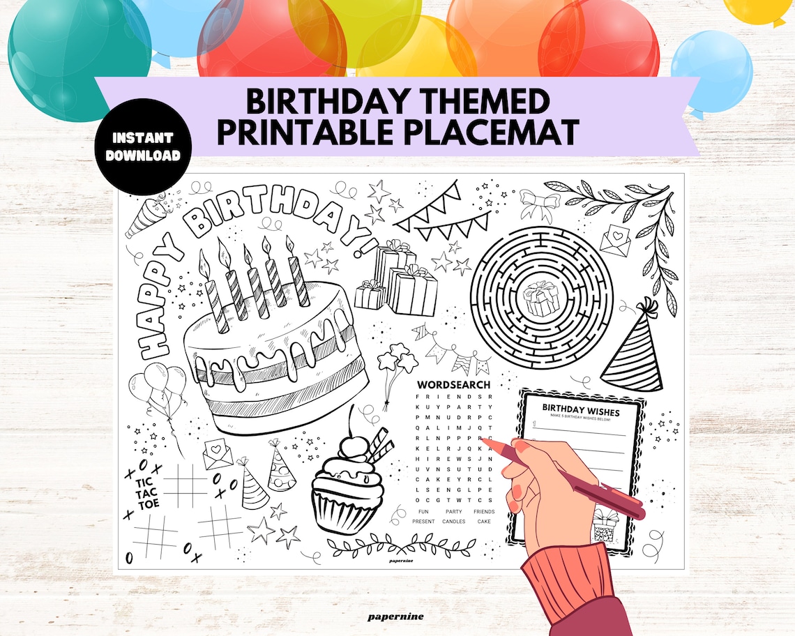 Birthday Printable Placemat Colouring Sheet Happy Birthday Party Favour ...