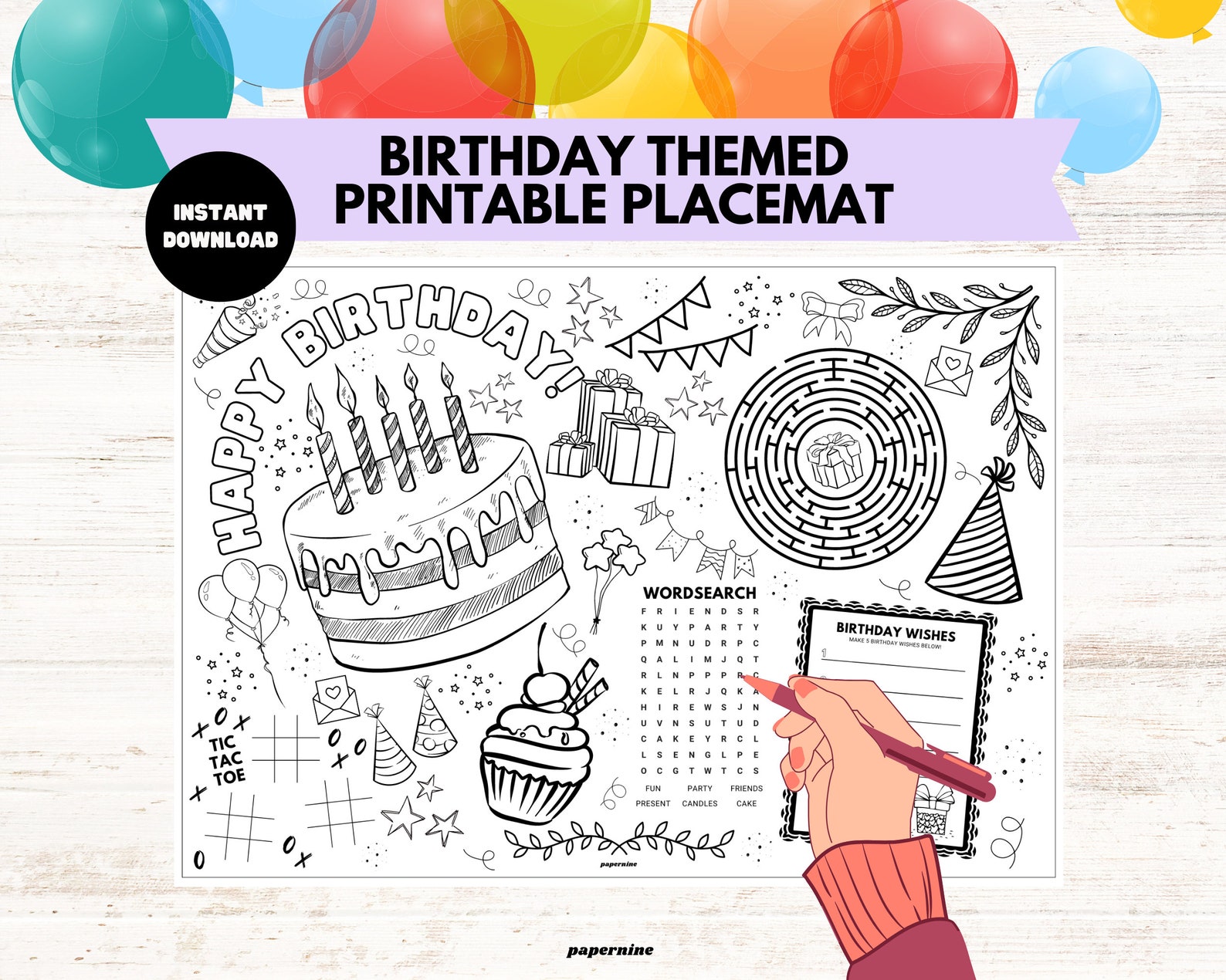 Birthday Printable Placemat Colouring Sheet Happy Birthday Party Favour ...