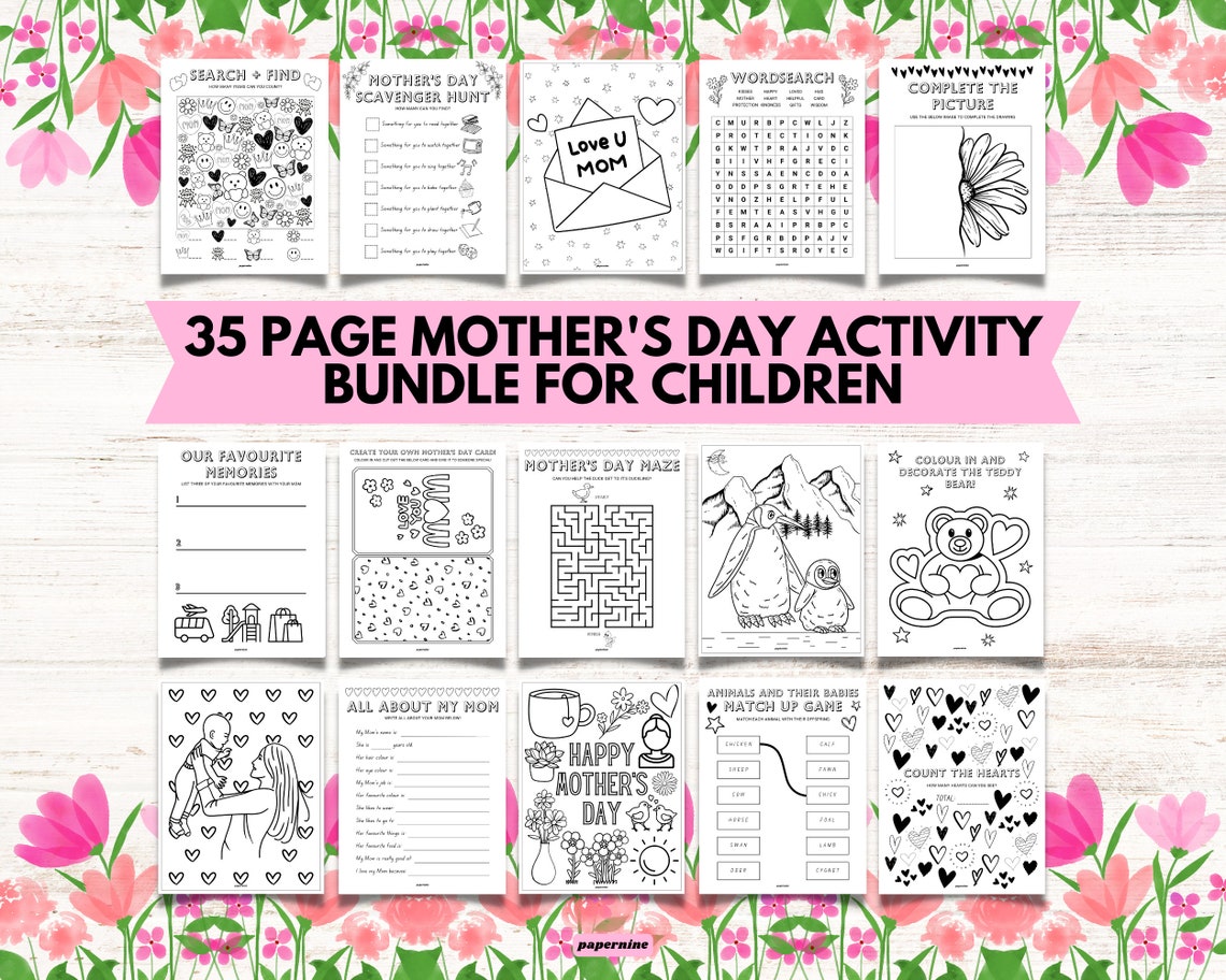 35 Page Mother's Day Themed Printable Activity Bundle Kids Party Games ...