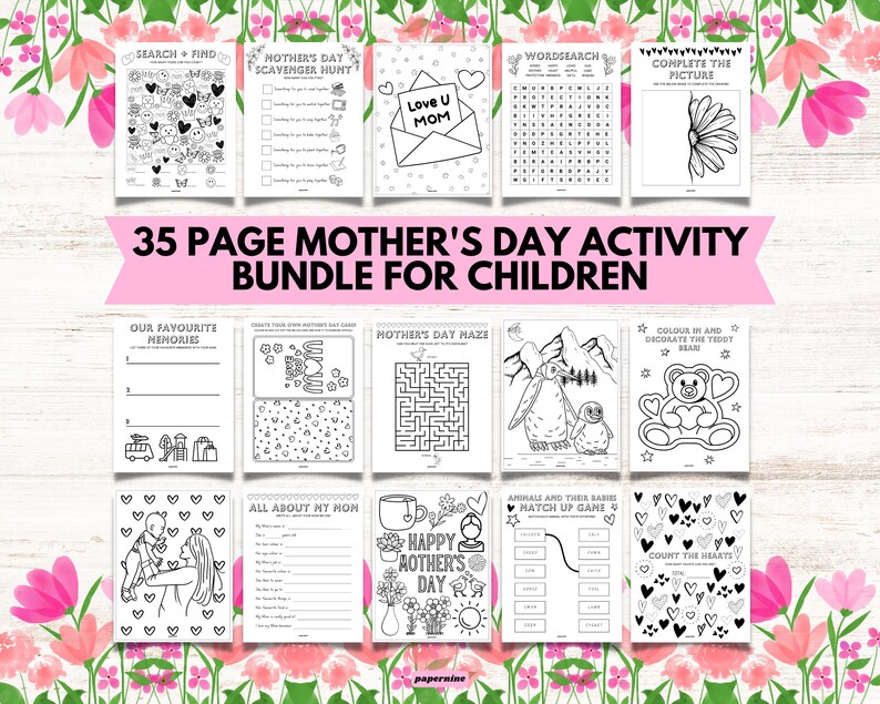 35 Page Mother's Day Themed Printable Activity Bundle Kids Party Games ...
