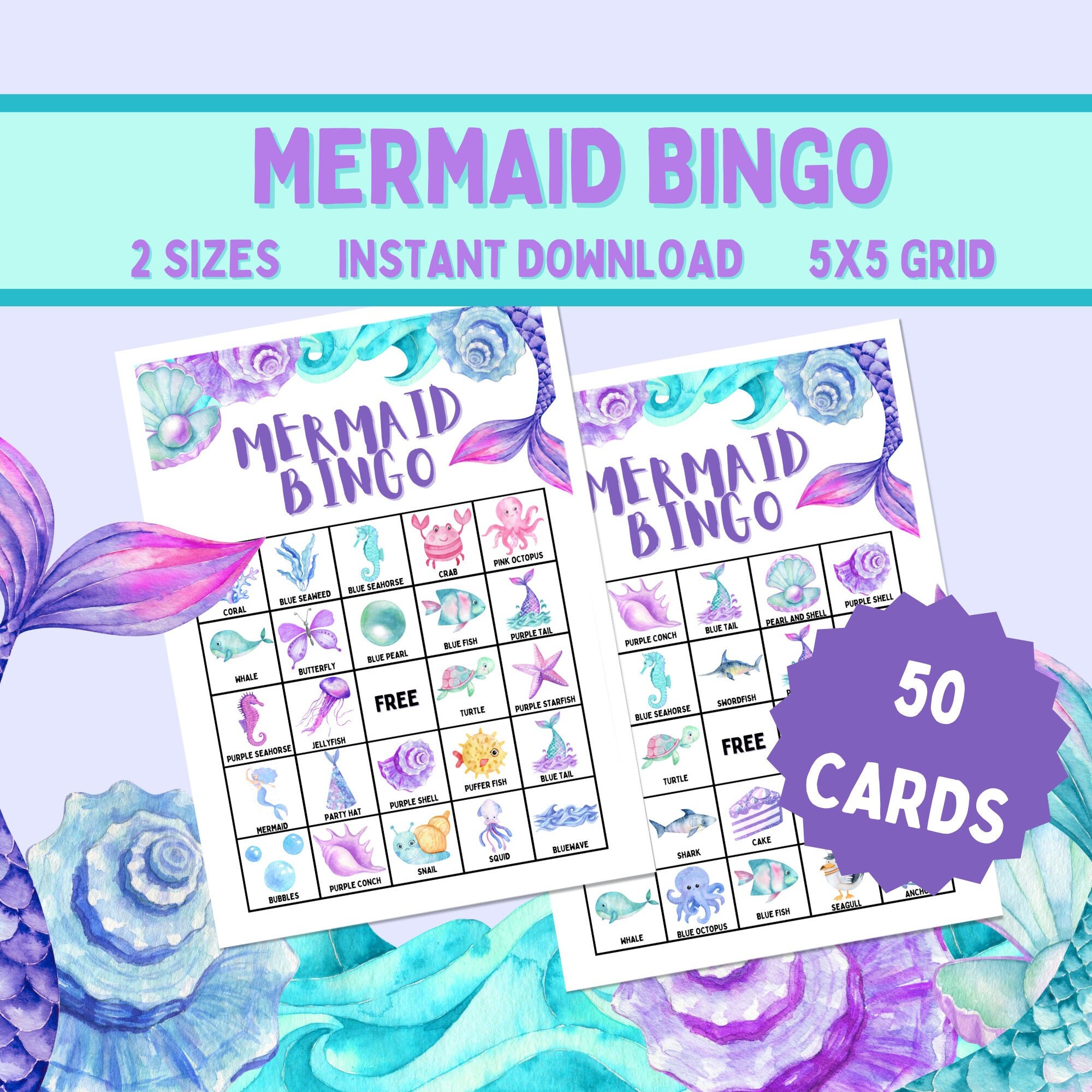50 Mermaid Bingo Cards Birthday Party Bingo Printable Activity - Etsy