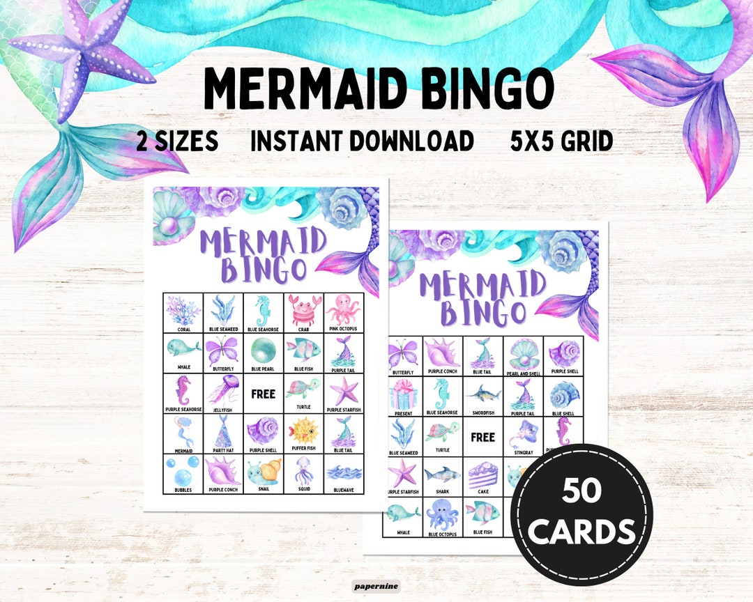 50 Mermaid Bingo Cards Birthday Party Bingo Printable Activity Kids ...