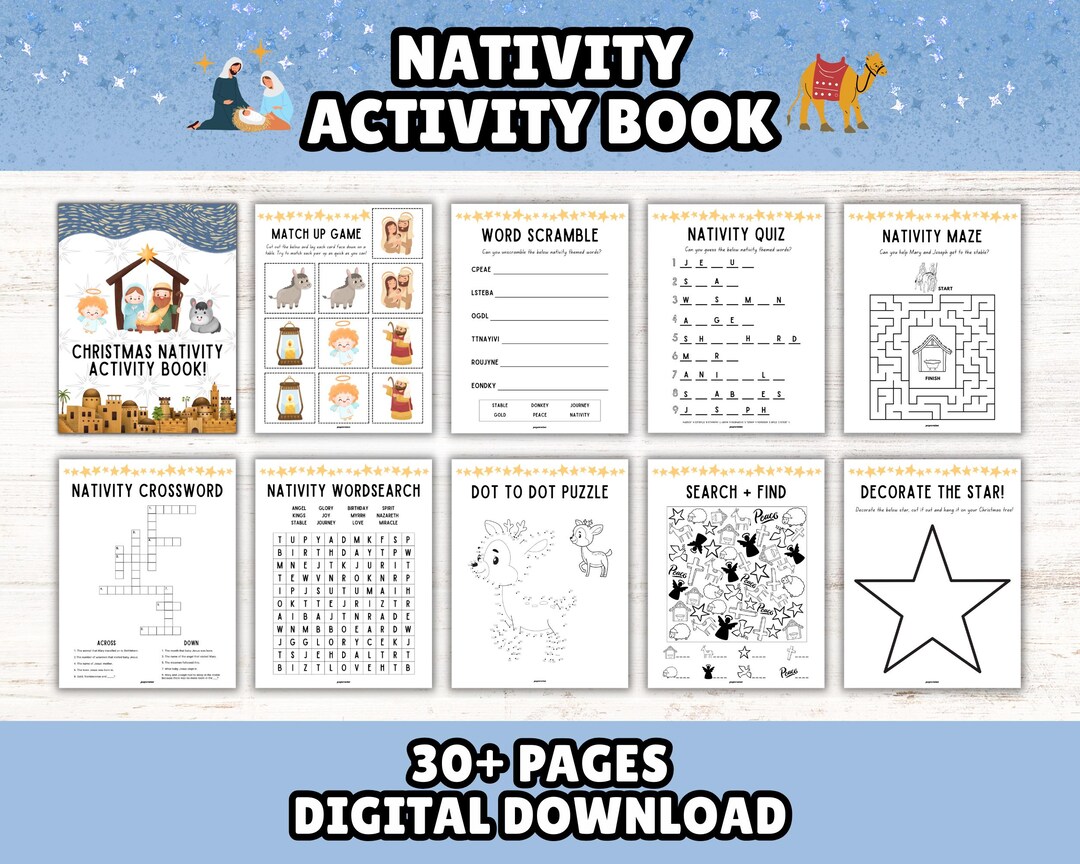 Nativity Printable Activity Book for Kids: Christian Christmas Games ...