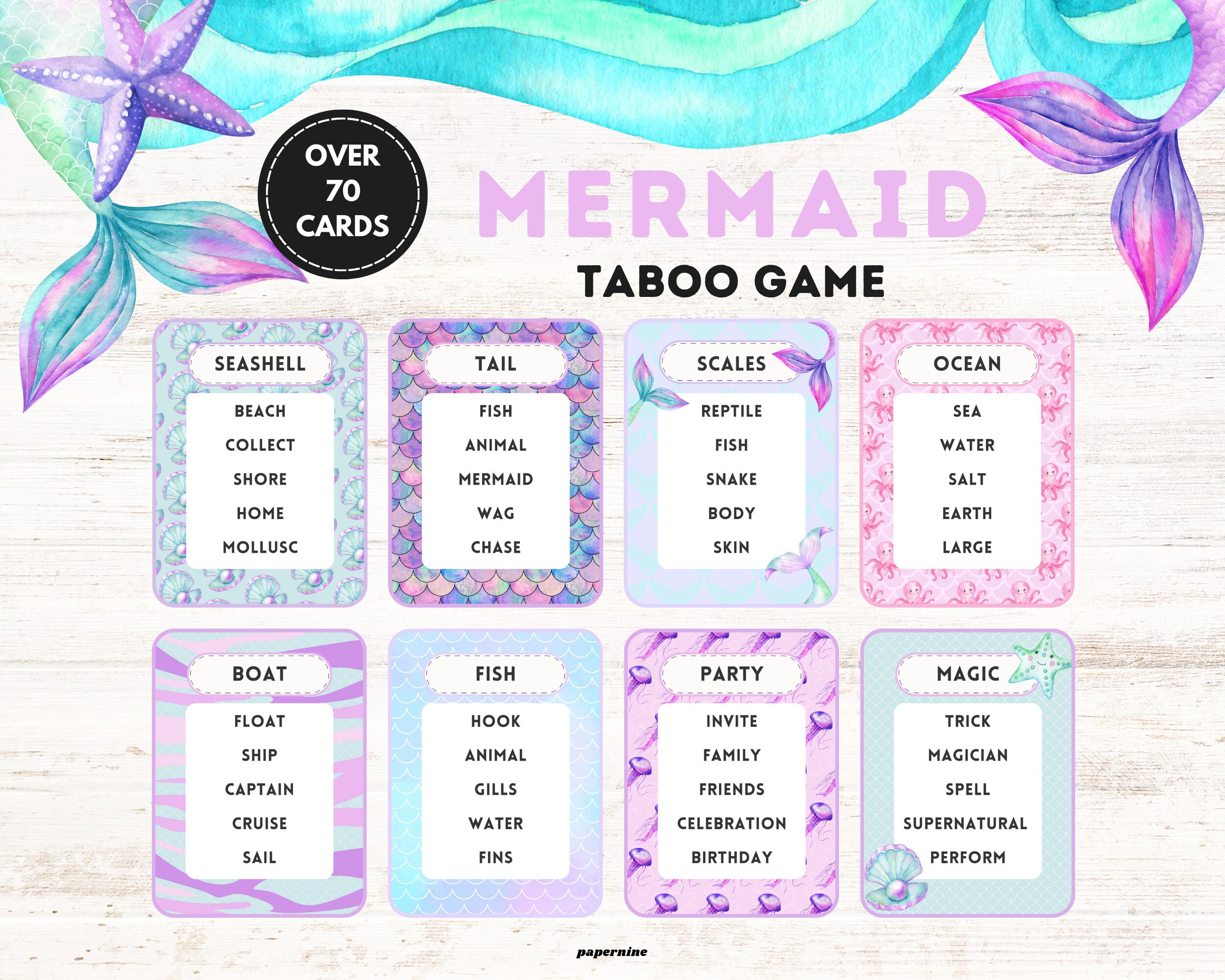 Mermaid Themed Taboo Guess My Word Game Printable Party Activities Word ...