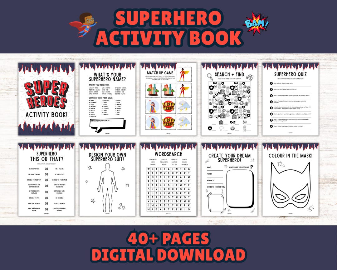 Superhero Printable Activity Book for Kids: Action Games, Puzzles ...