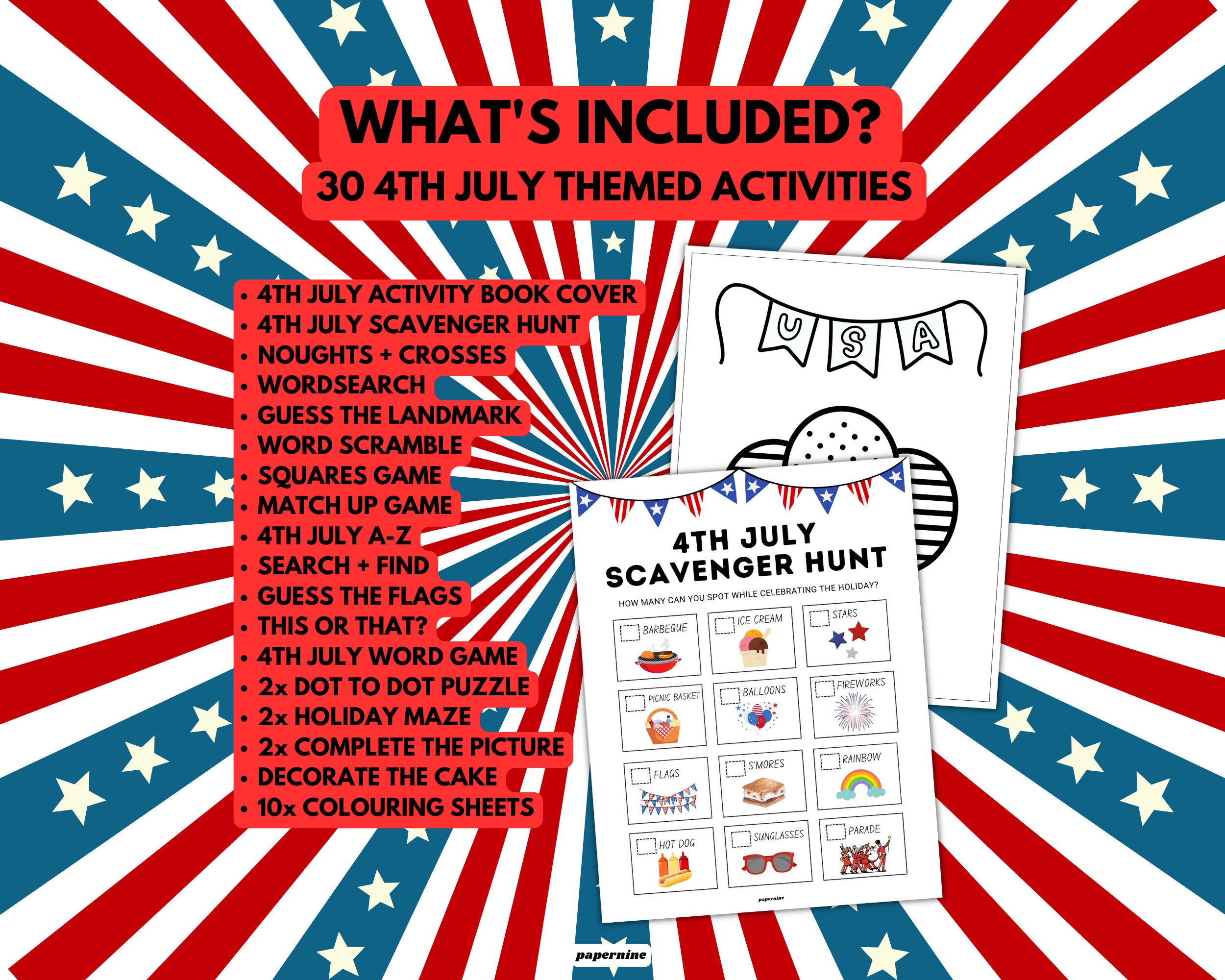 Ultimate 4th July Themed Printable Activity Bundle Pack for Children 30 ...