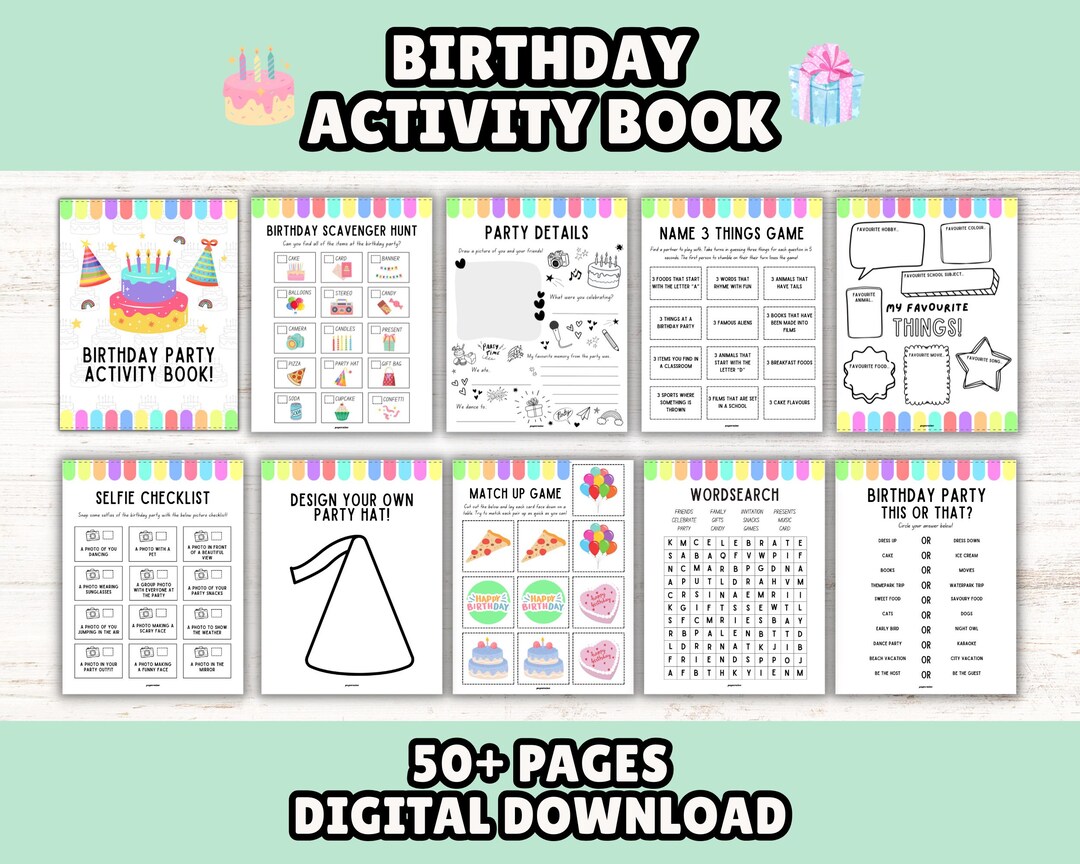 Birthday Printable Activity Book for Kids: Party Games, Puzzles ...