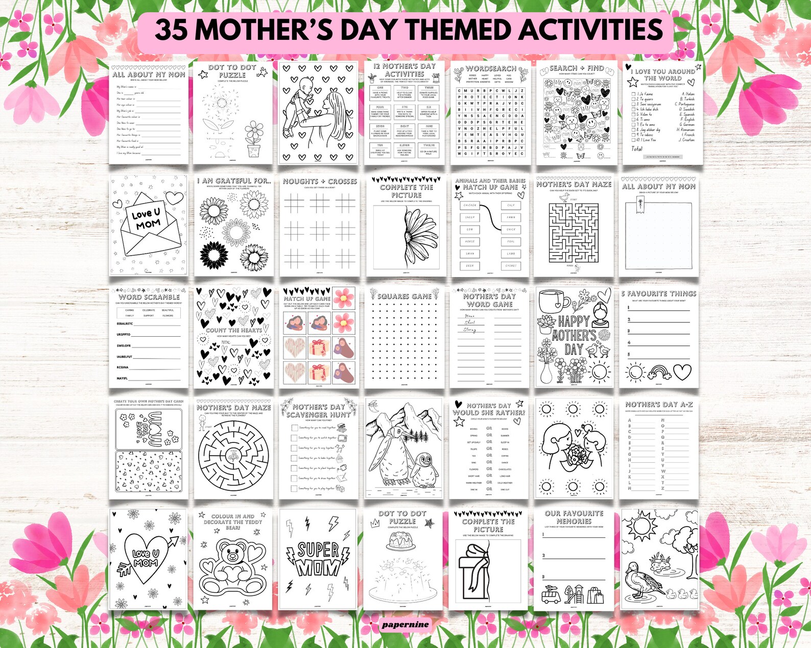 35 Page Mother's Day Themed Printable Activity Bundle Kids Party Games ...