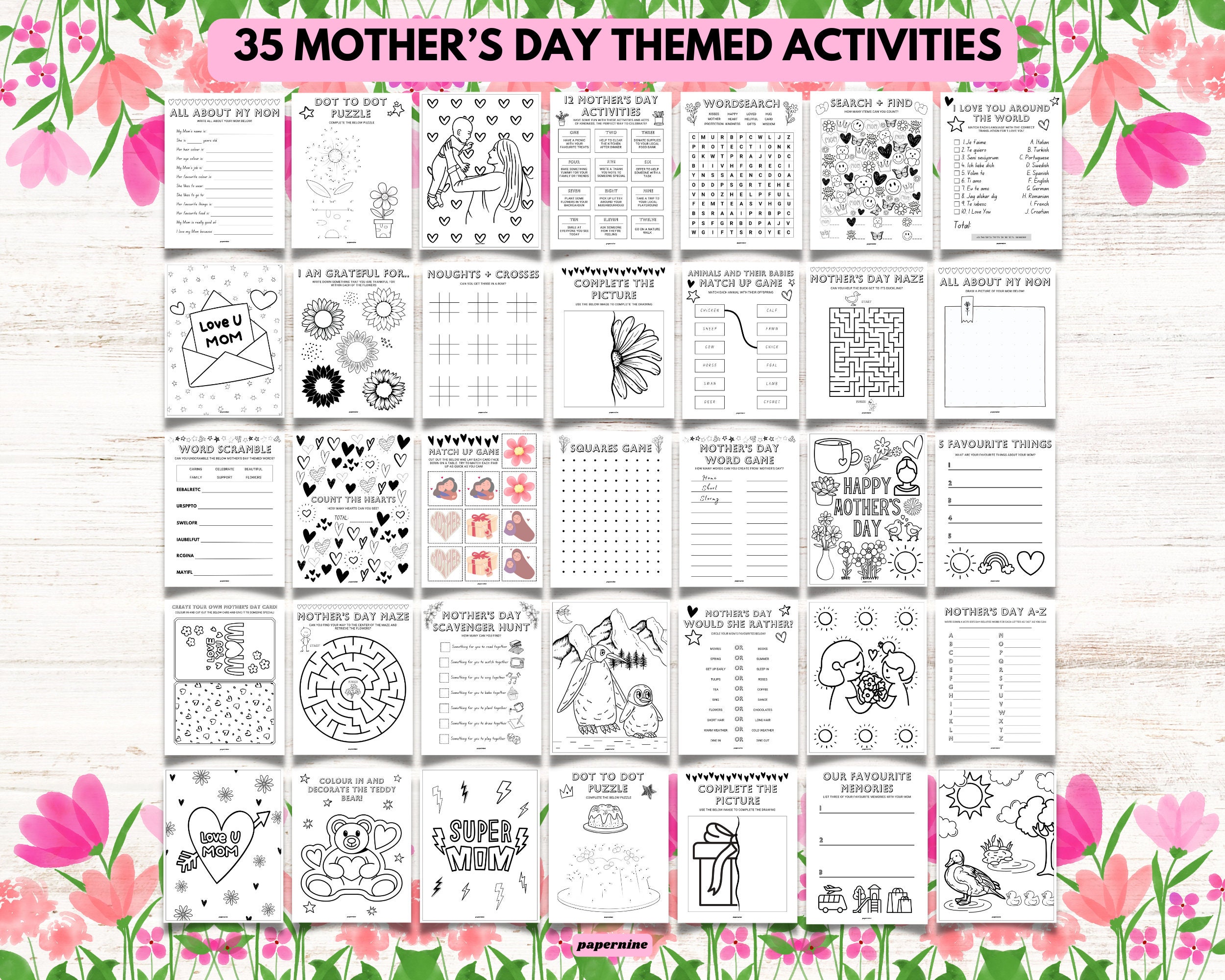 35 Page Mother's Day Themed Printable Activity Bundle Kids Party Games ...