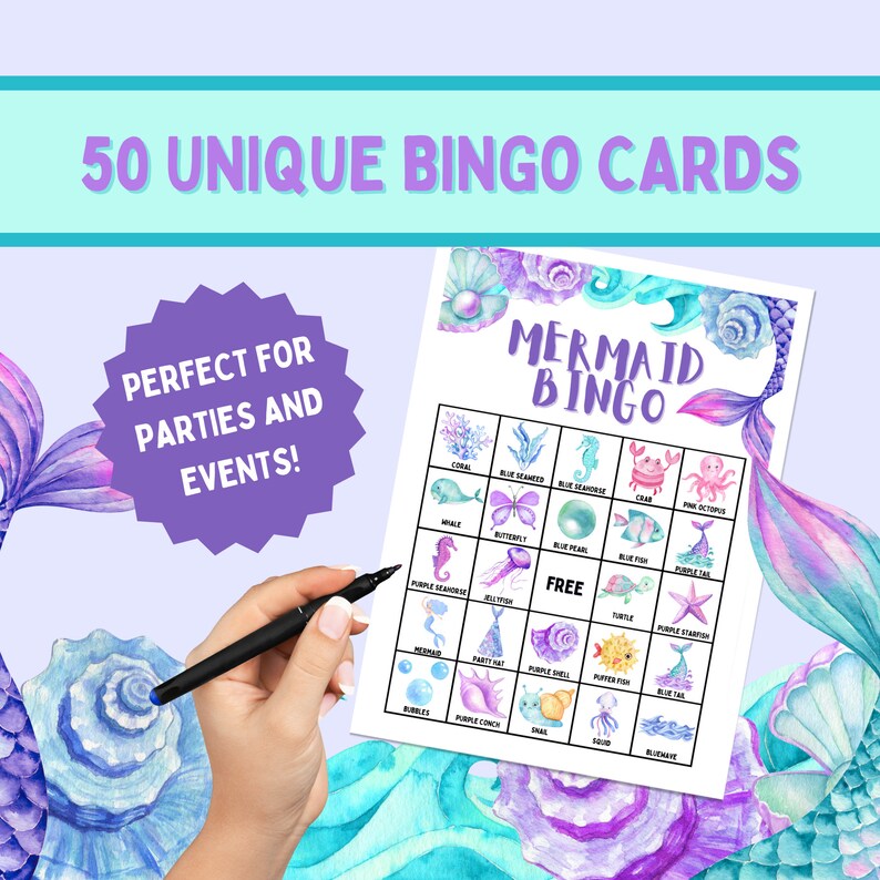50 Mermaid Bingo Cards Birthday Party Bingo Printable Activity - Etsy