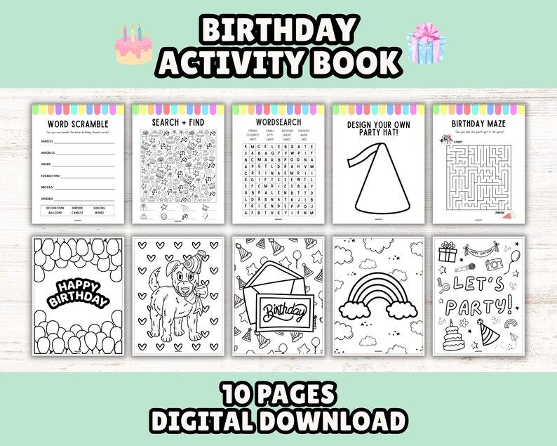 Birthday Printable Activity Book for Kids: Party Games, Puzzles ...