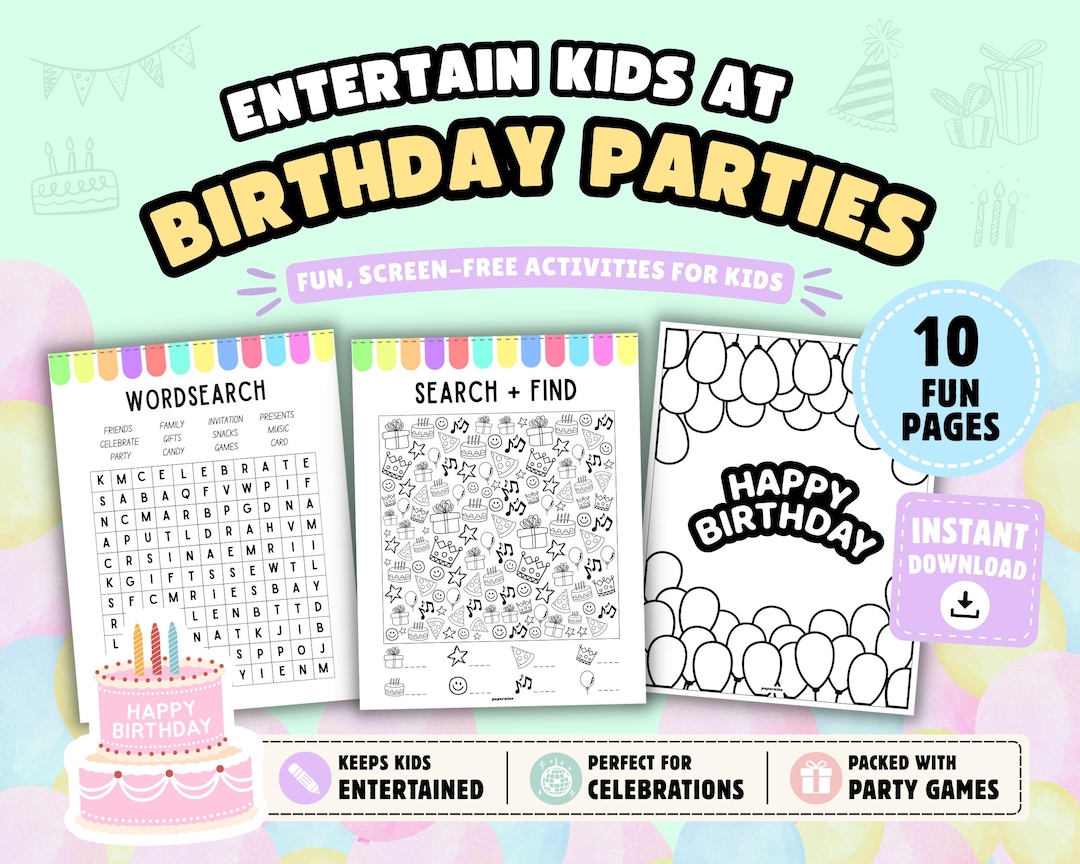 Birthday Printable Activity Book for Kids: Party Games, Puzzles ...