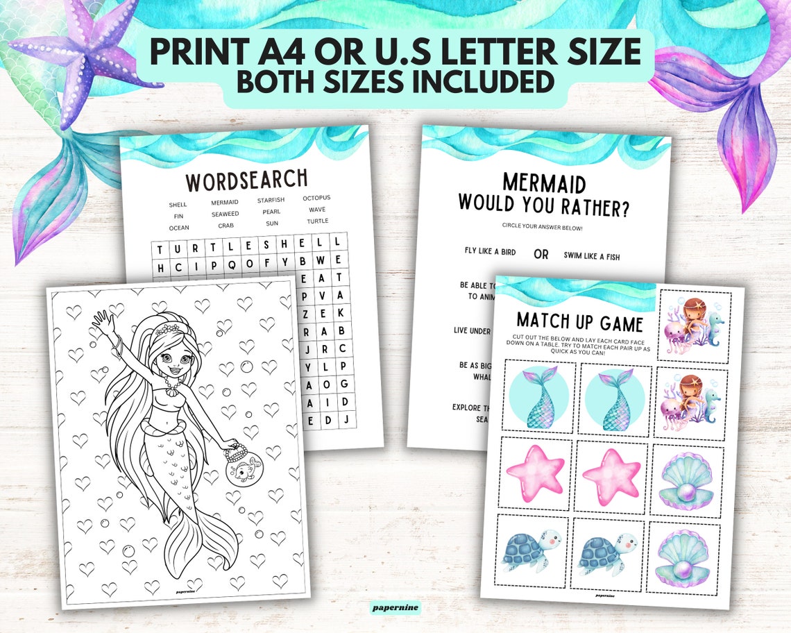 Mermaid Activity Book for Kids: Games, Puzzles, Coloring Pages (instant ...