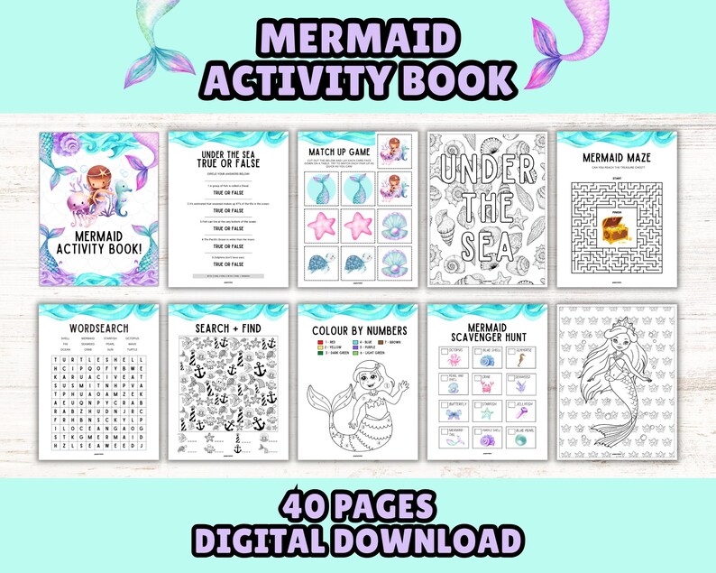 Mermaid Printable Activity Book for Kids: Fun Games, Puzzles & Coloring ...