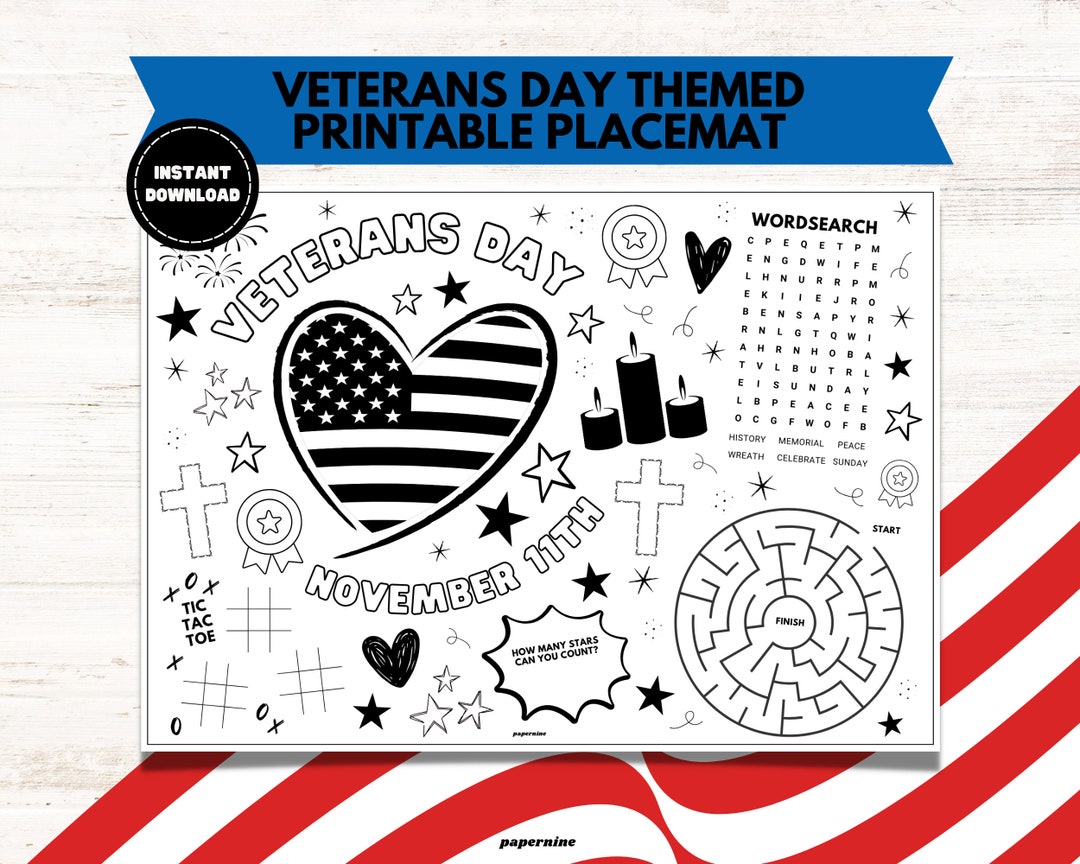 Veterans Day Coloring Placemat Activity for Kids (digital Download) - Etsy