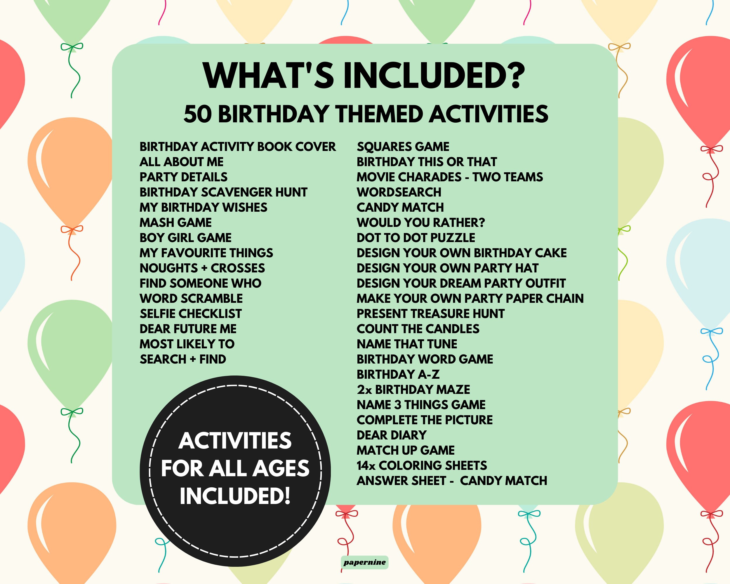 Ultimate Birthday Themed Printable Activity Bundle Pack for Children 50 ...
