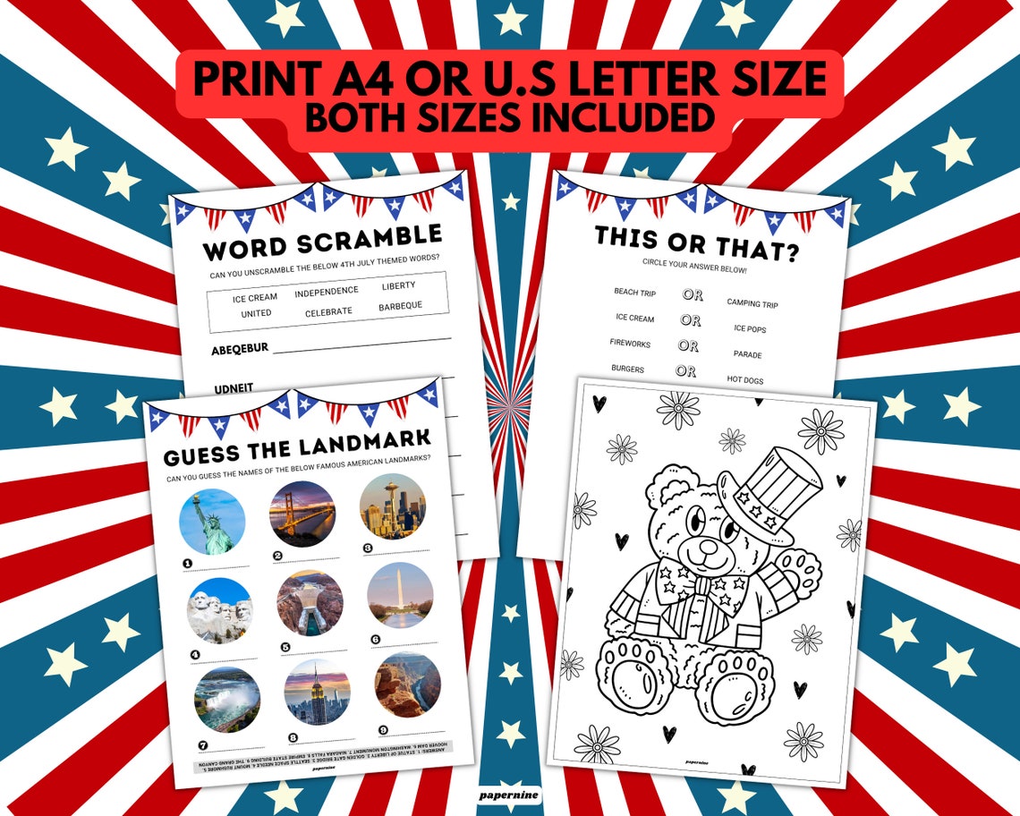 Ultimate 4th July Themed Printable Activity Bundle Pack for Children 30 ...