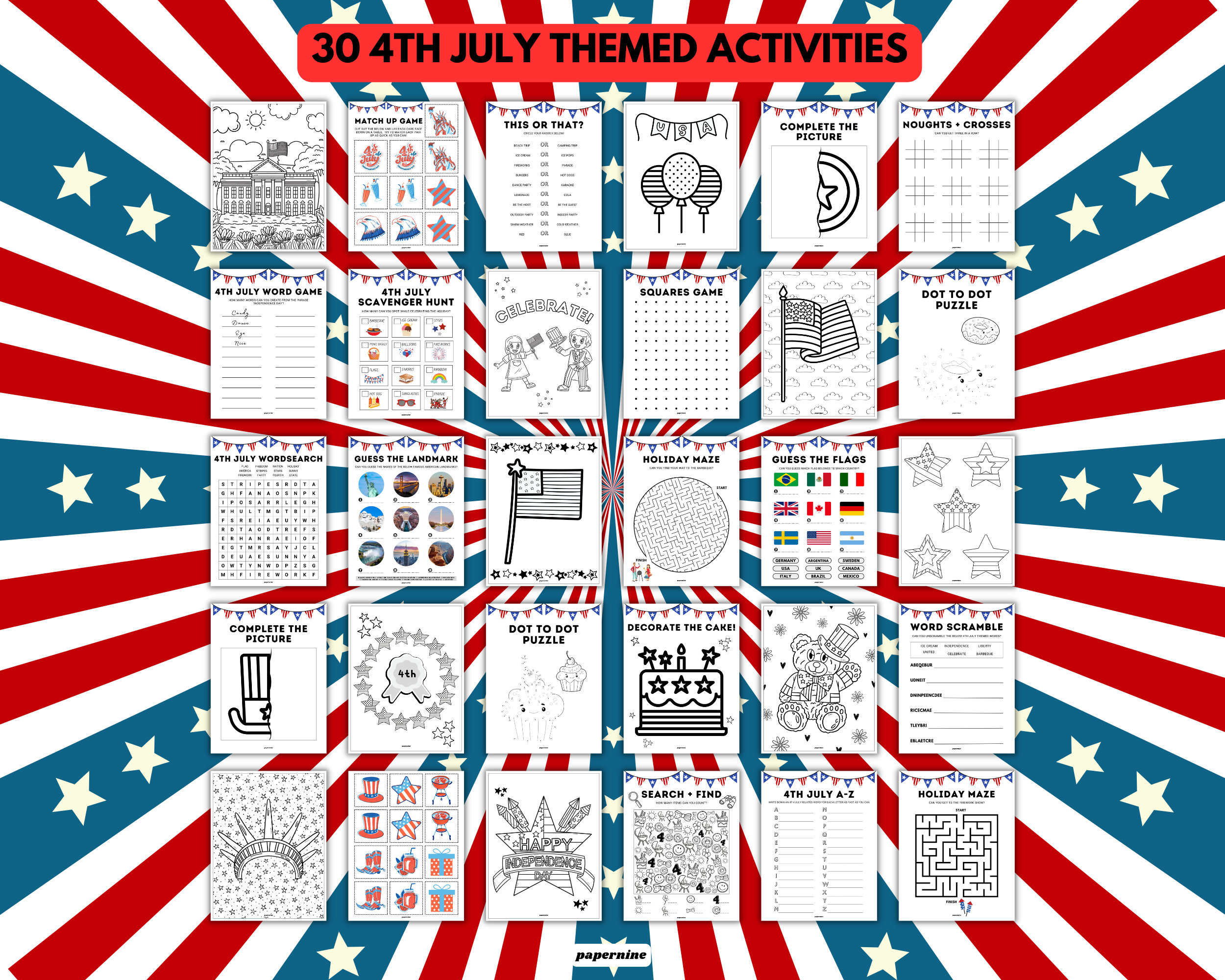 Ultimate 4th July Themed Printable Activity Bundle Pack for Children 30 ...