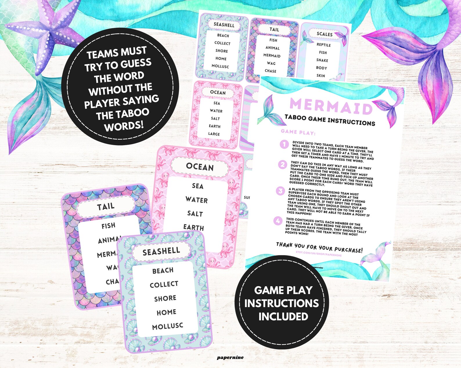 Mermaid Themed Taboo Guess My Word Game Printable Party Activities Word ...