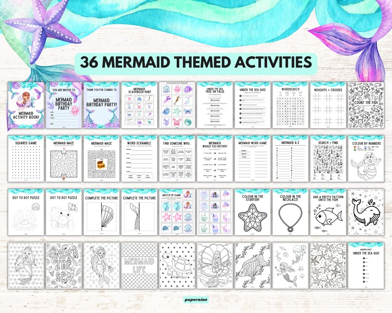 Mermaid Activity Book for Kids: Games, Puzzles, Coloring Pages (instant ...