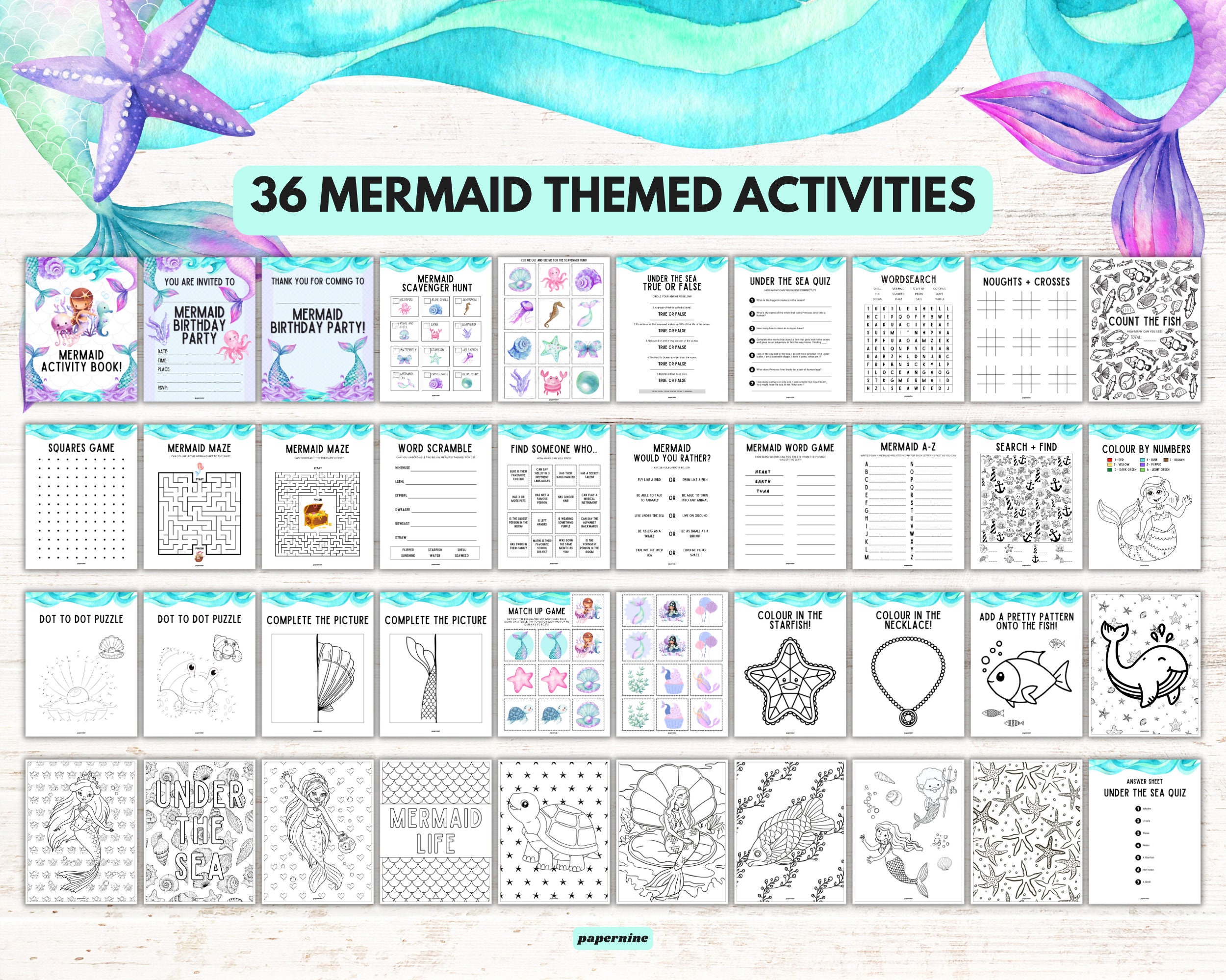 Ultimate Mermaid Printable Activity Bundle for Children 40 Pages Party ...