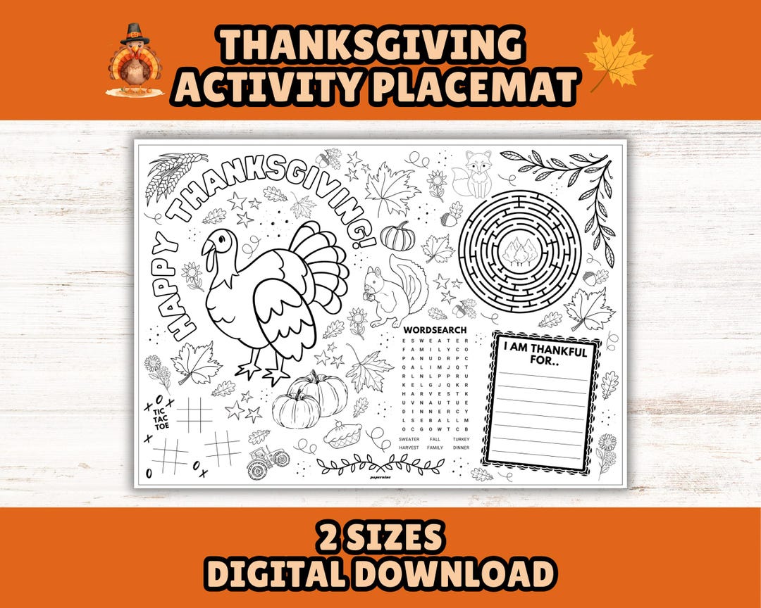 Thanksgiving Activity Placemat for Kids: Printable Coloring Page & Fun ...