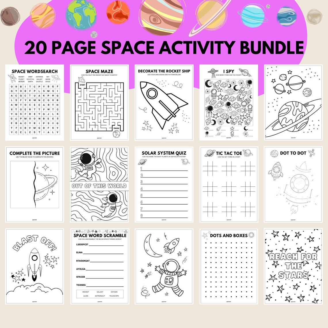 20 Page Space Themed Printable Activity Bundle Pack Space - Etsy
