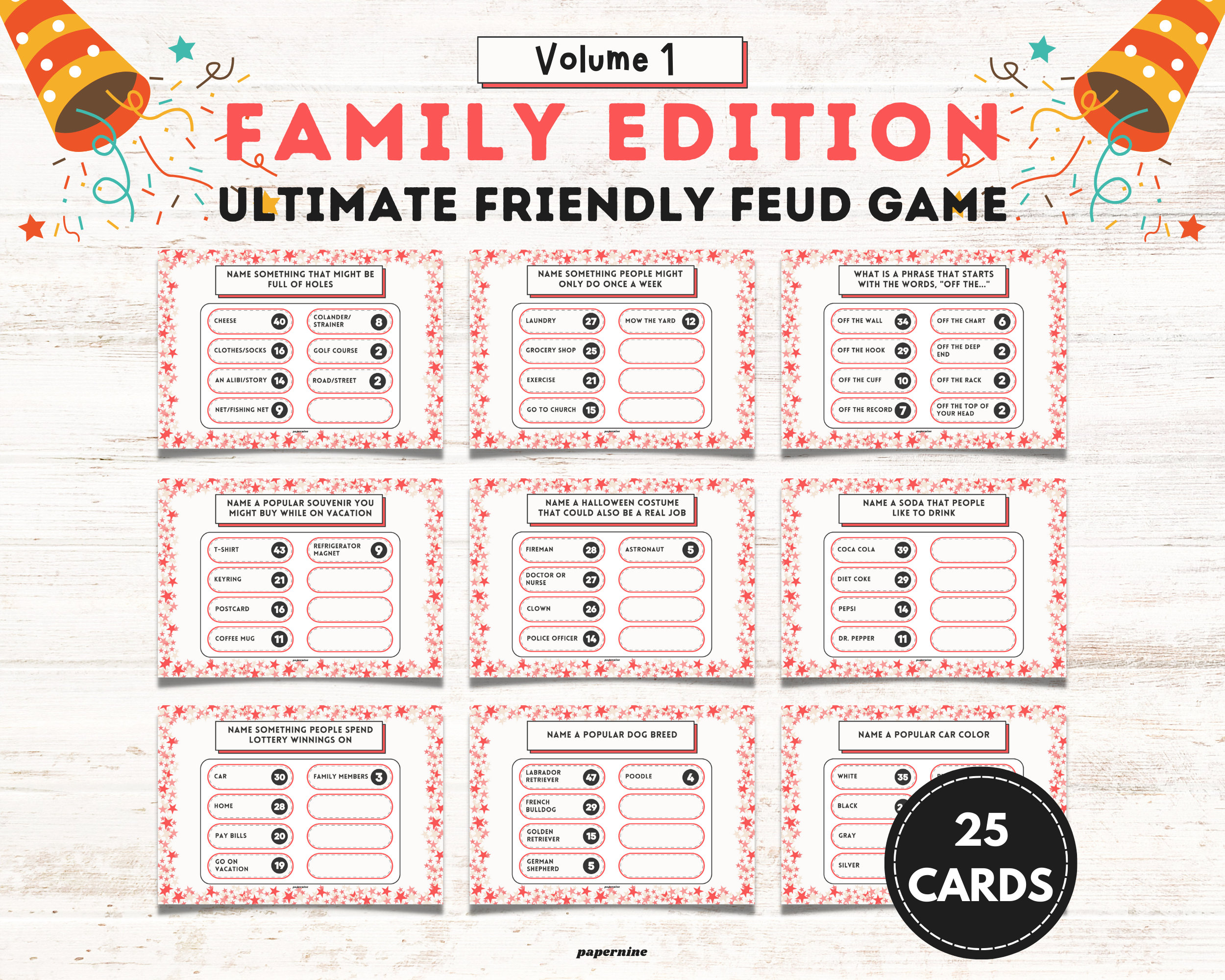 Ultimate Family Edition Friendly Feud Game 25 Printable Questions Kids ...