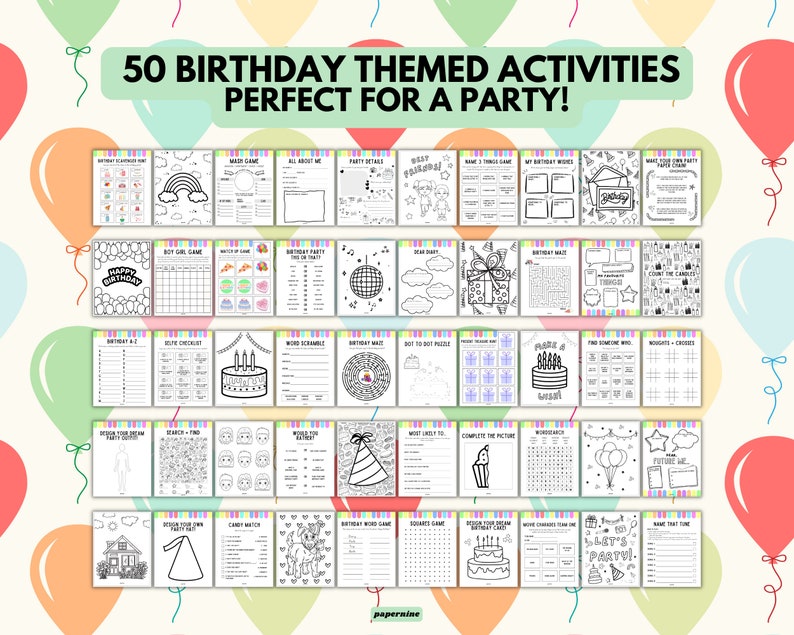 Ultimate Birthday Themed Printable Activity Bundle Pack for Children 50 ...