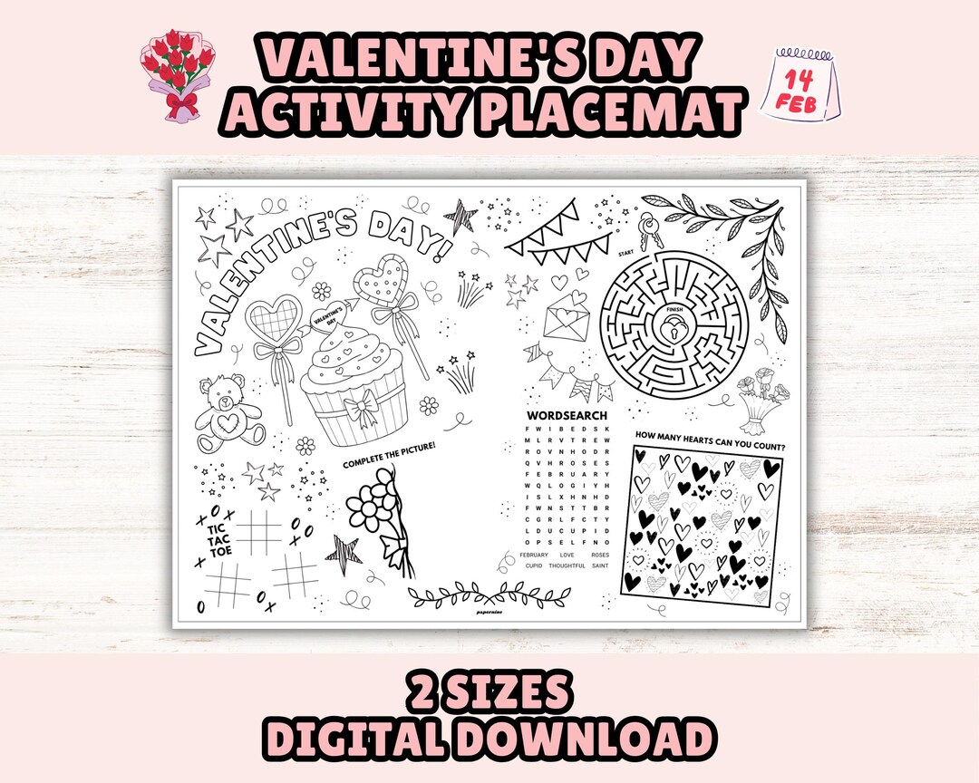 Valentine's Day Activity Placemat for Kids: Printable Coloring Page ...