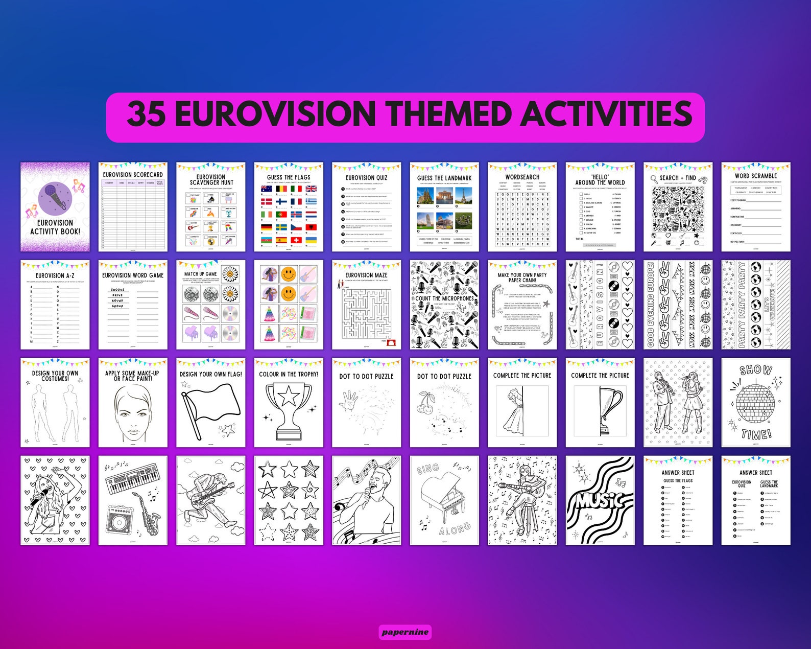 Ultimate Eurovision Themed Printable Games Activity Bundle 40 Pages ...
