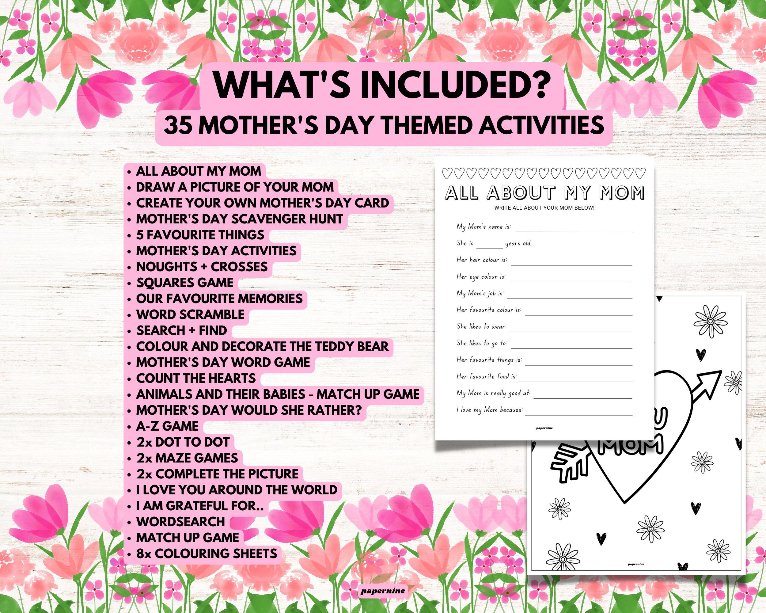 35 Page Mother's Day Themed Printable Activity Bundle Kids Party Games ...