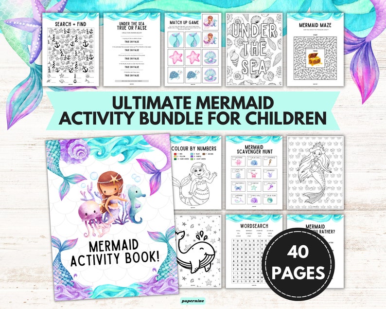 Mermaid Activity Book for Kids: Games, Puzzles, Coloring Pages (instant ...