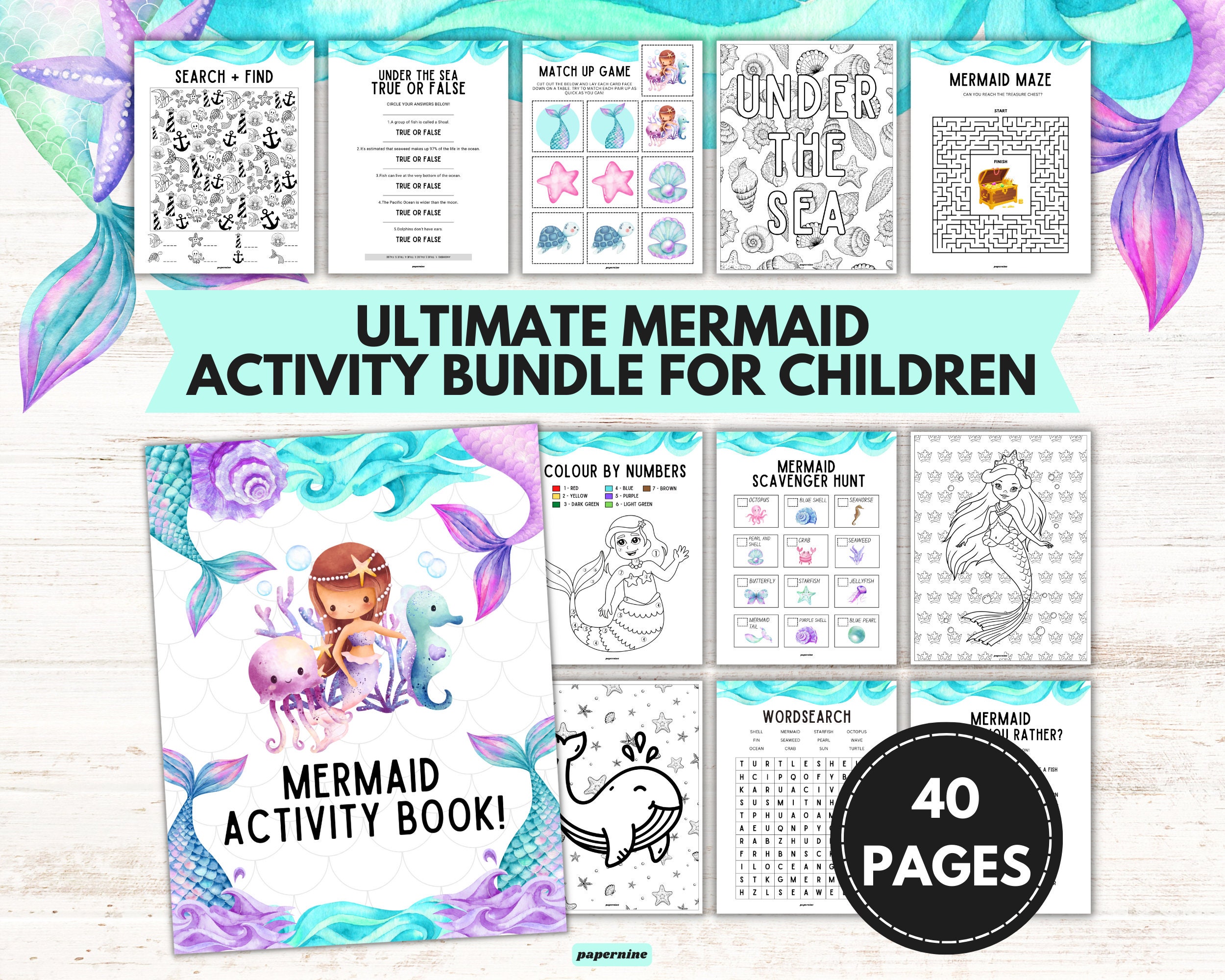 Ultimate Mermaid Printable Activity Bundle for Children 40 Pages Party ...