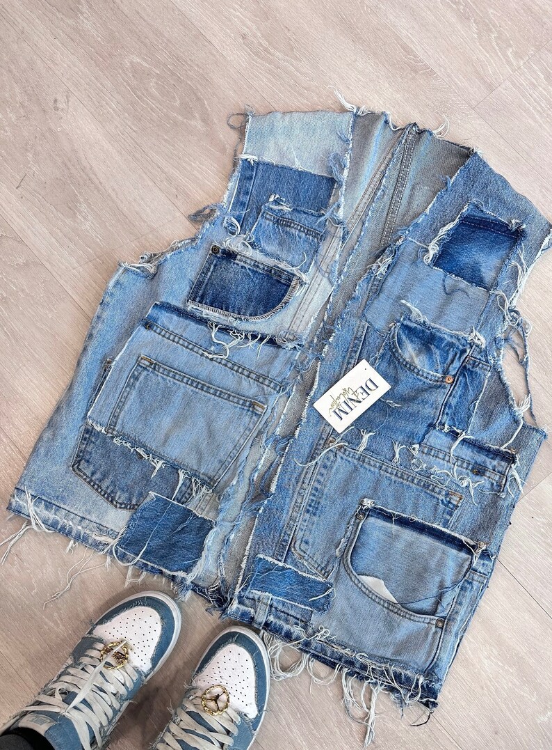 Patched Denim Utility Vest - Etsy