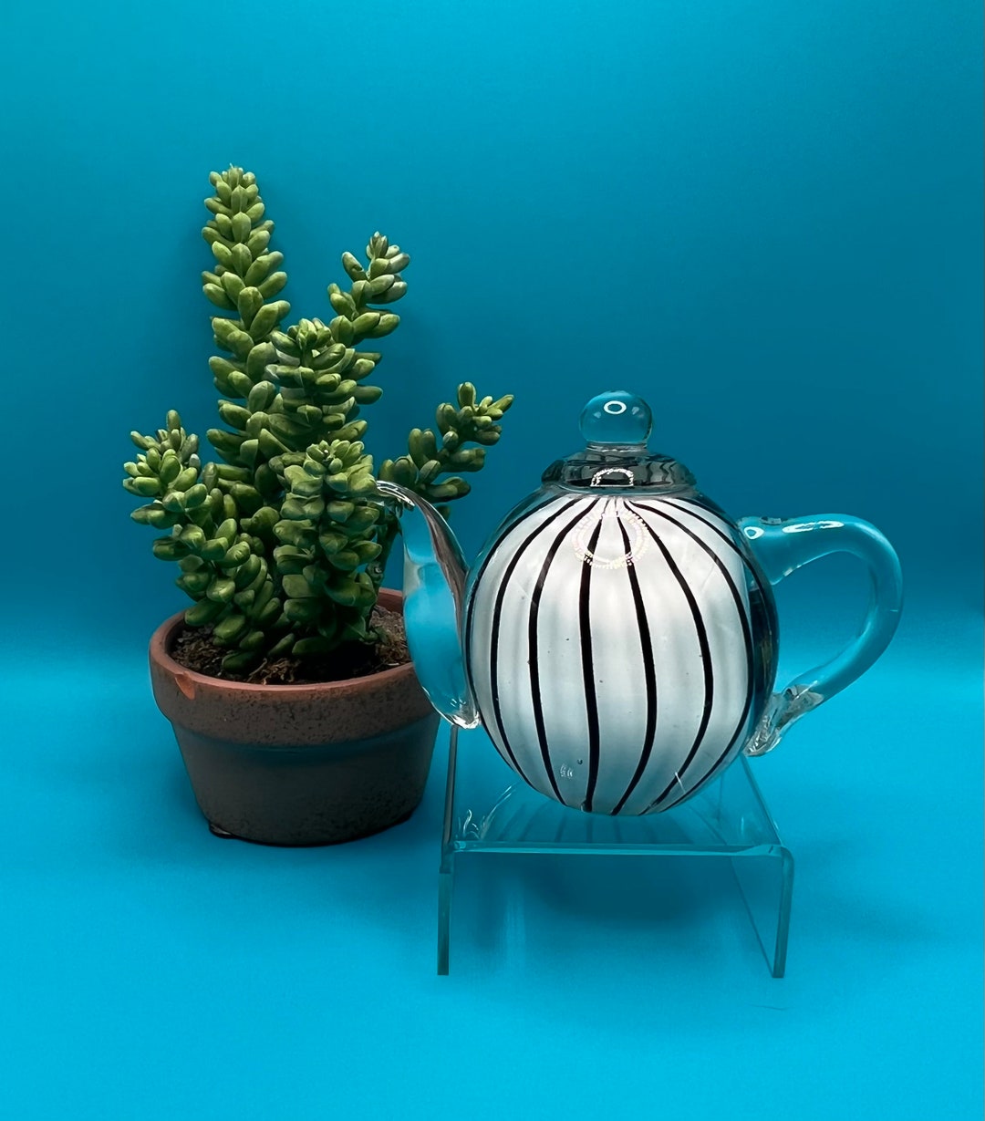 Hand-blown White & Black Glass Teapot Glass Art Display or Paperweight ...