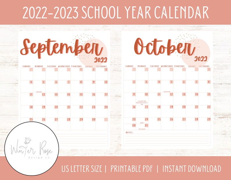 2022-2023 School Year Calendar: Retro Rose printable PDF - Etsy