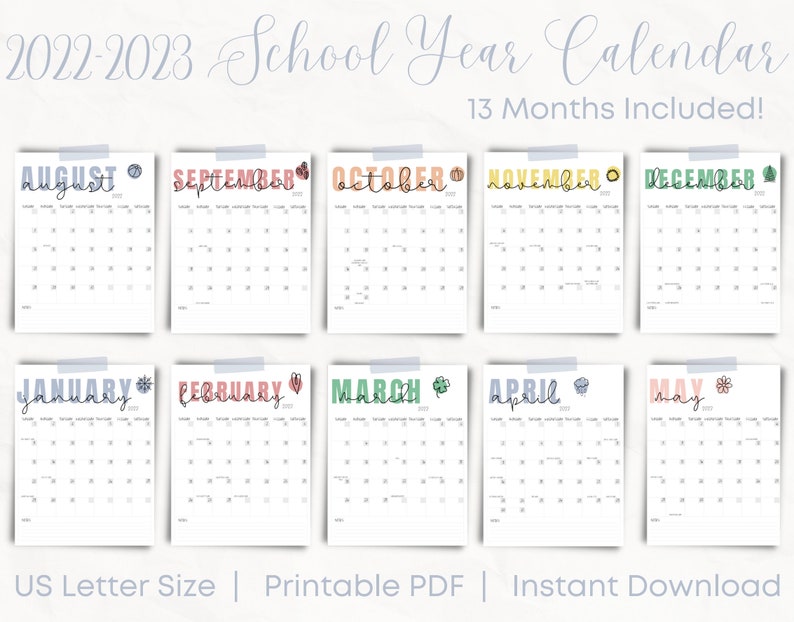 2022-2023 School Year Calendar: Seasonal Rose printable PDF - Etsy
