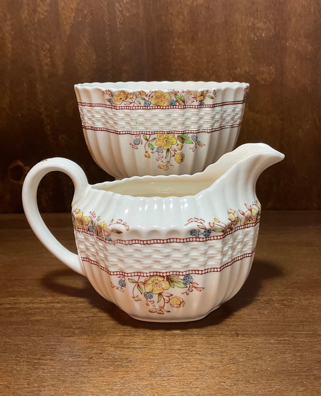Copeland Spode “wicker Dale” Buttercup Creamer & Sugar Bowl Old Back ...