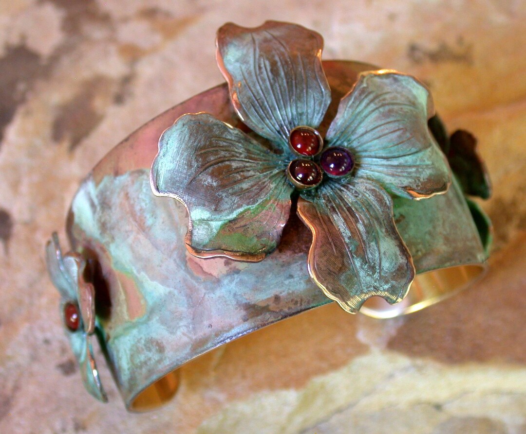 Verdigris Patina Brass Dogwood Flowers Cuff Bracelet - Amethyst ...