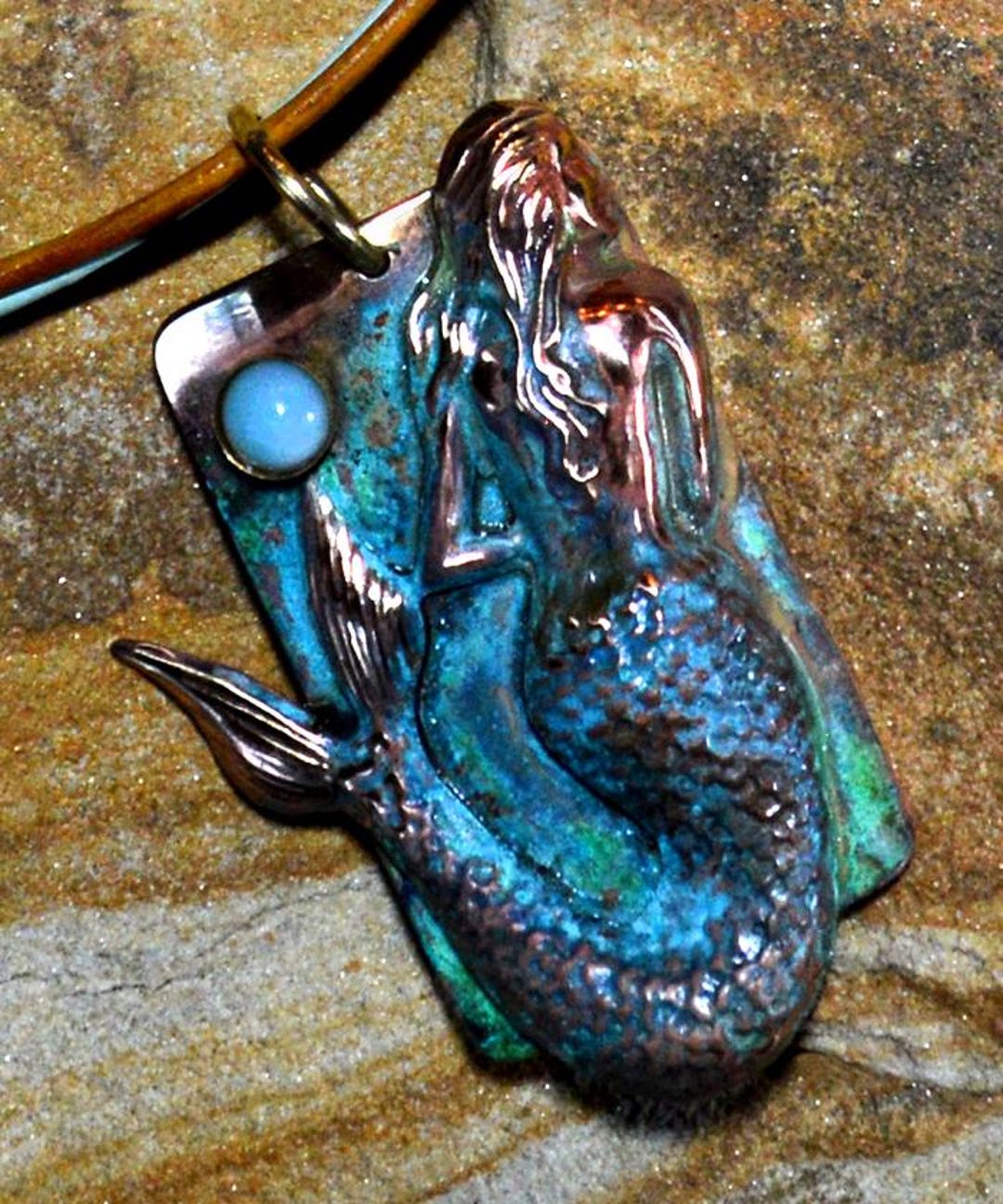 Verdigris Patina Mermaid Pendant - Light Amazonite Rawhide by Elaine ...