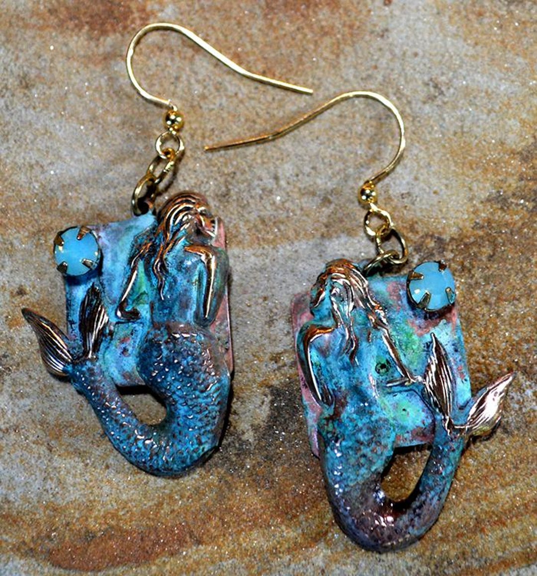 Verdigris Patina Solid Brass Mermaid Dangle Earrings - European ...
