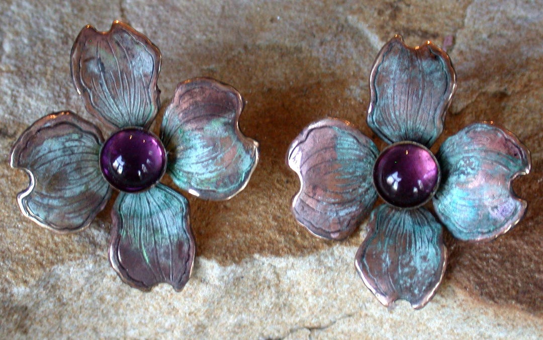 Verdigris Patina Solid Brass Dogwood Flower Earrings - Amethyst - Etsy