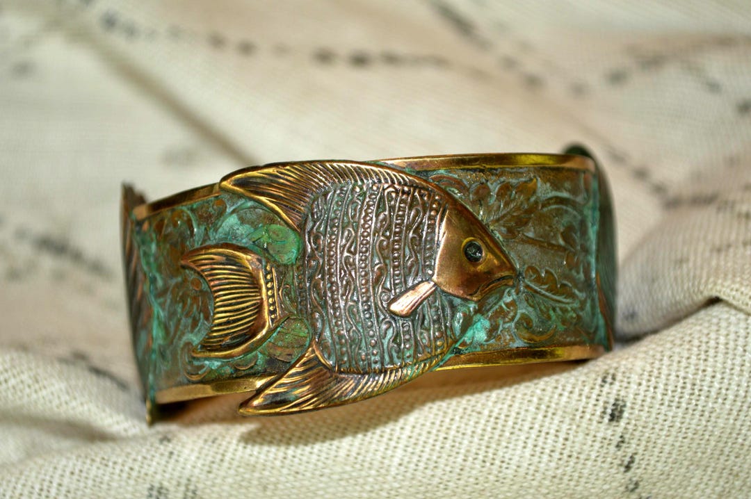 Tropical Fish, Scallop Shell and Clam Shell Verdigris Patina Cuff ...