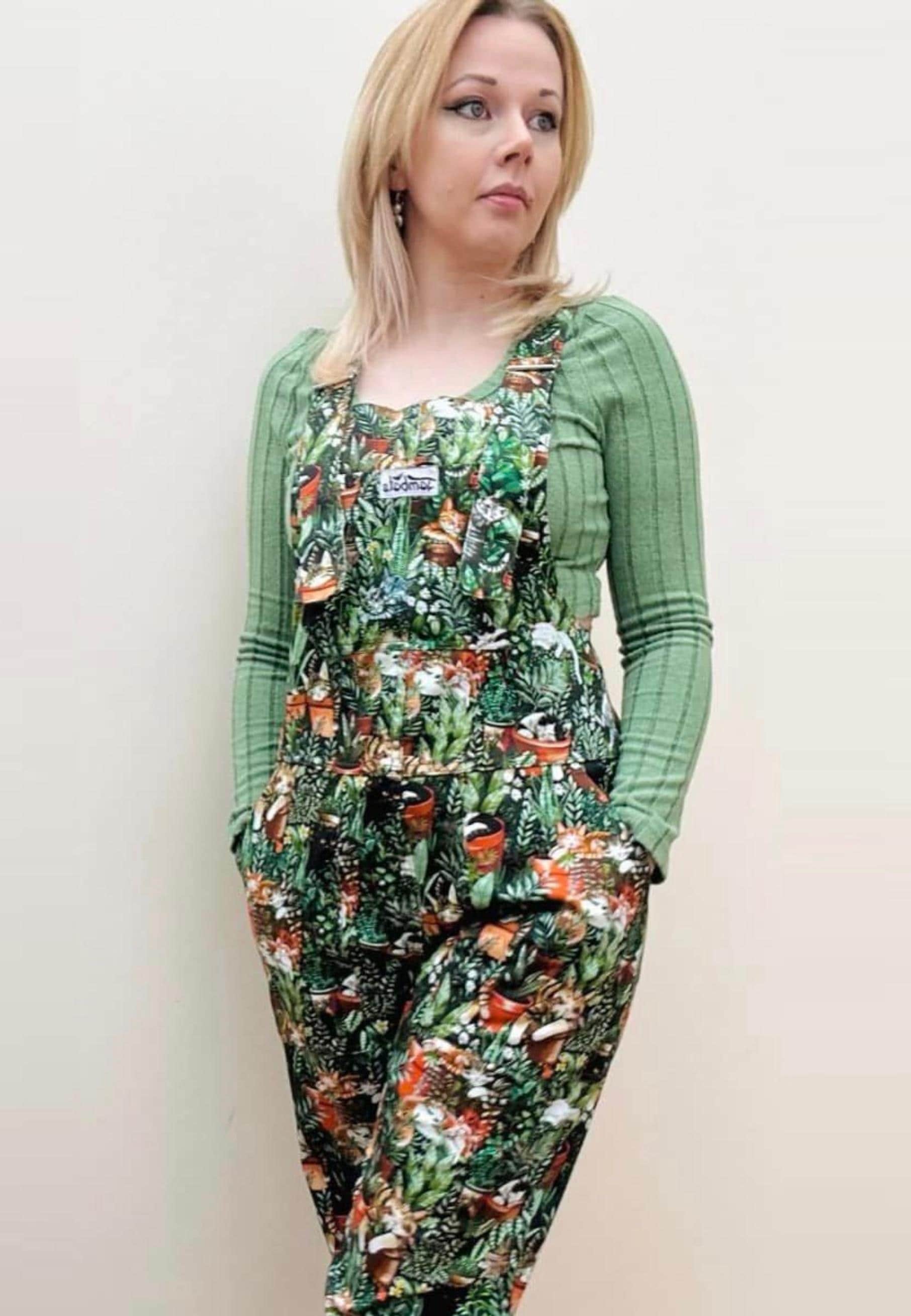 Cat Nap Print Dungarees: Cotton Twill Overalls, Houseplant Sleeping ...