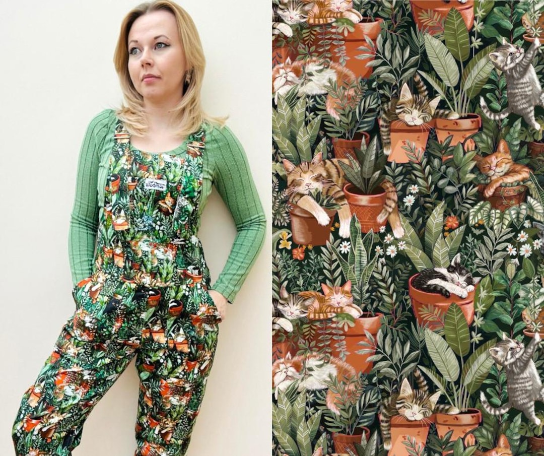 Cat Nap Print Dungarees: Cotton Twill Overalls, Houseplant Sleeping ...