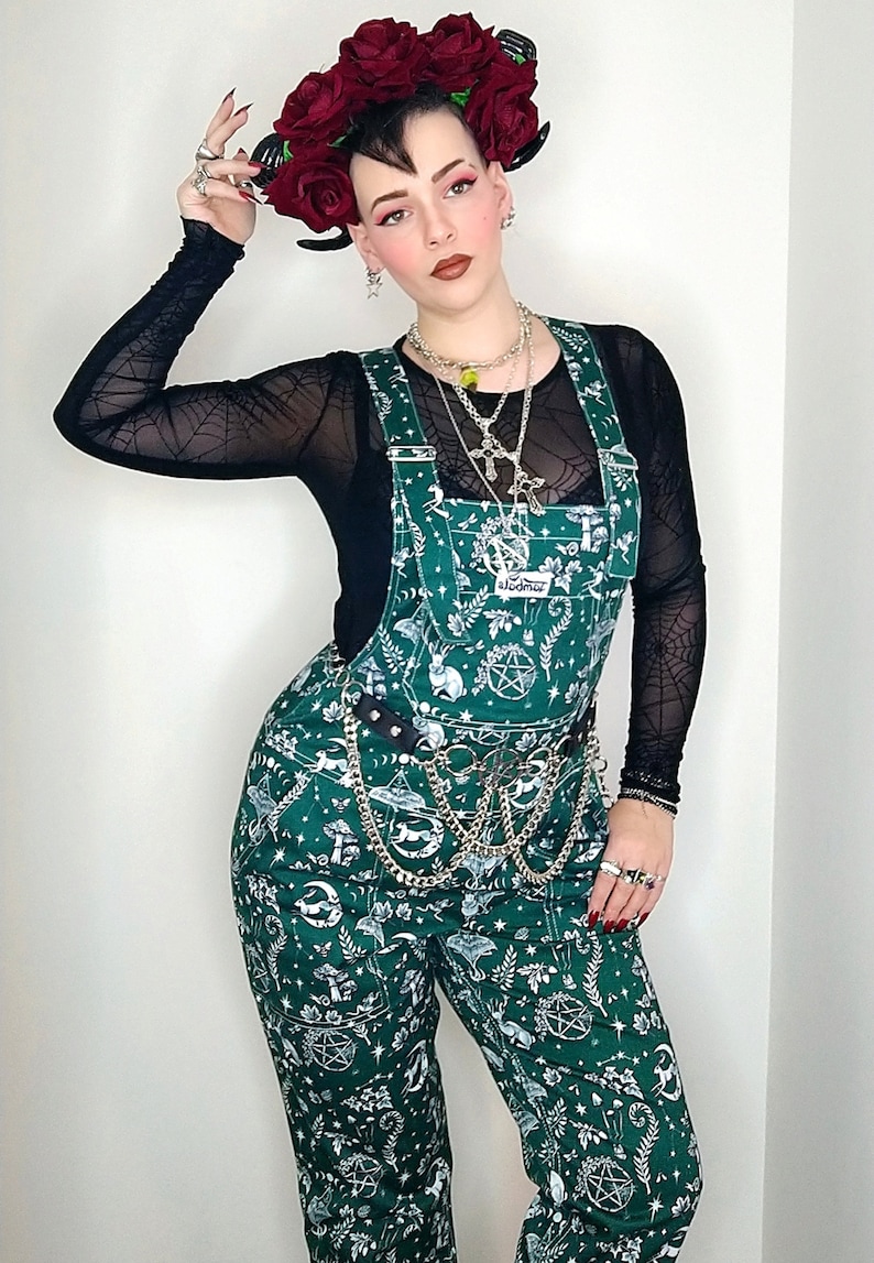 Forest Green Dungarees: Witchy Pagan Print, Stretch Cotton Overalls ...