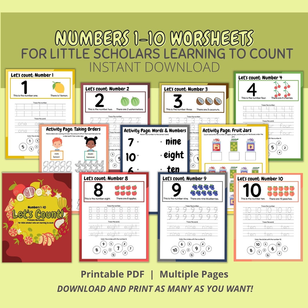 Numbers 1-10 Worksheets for Kids, 20 Printable Pre-school/kindergarten ...