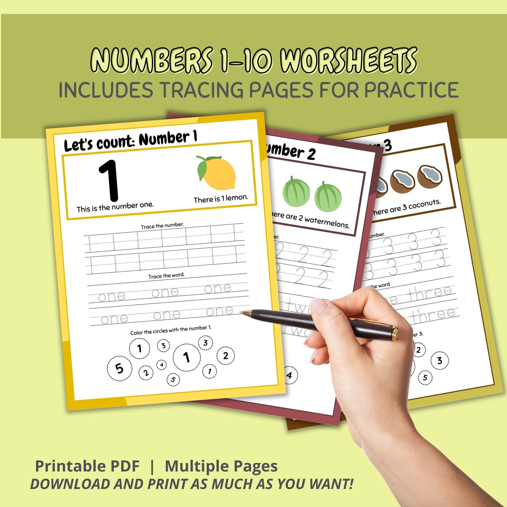 Numbers 1-10 Worksheets for Kids, 20 Printable Pre-school/kindergarten ...