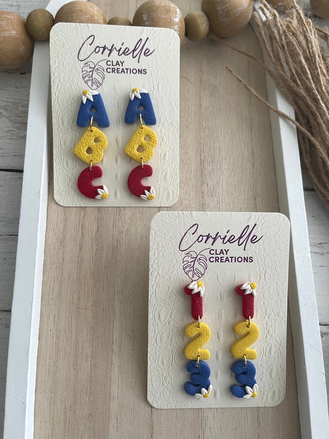 Floral ABC 123 Polymer Clay Dangle Earrings, Teacher Gift - Etsy